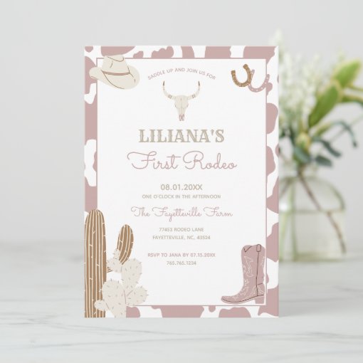 First Rodeo Cowgirl Birthday Cow Print Border Invitation | Zazzle