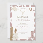 First Rodeo Cowgirl Birthday Cow Print Border Invitation | Zazzle