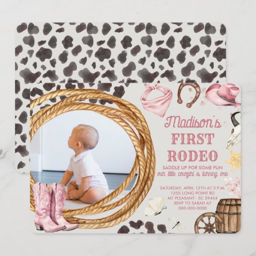 First Rodeo Girl Pink Western Birthday Party Photo Invitation | Zazzle