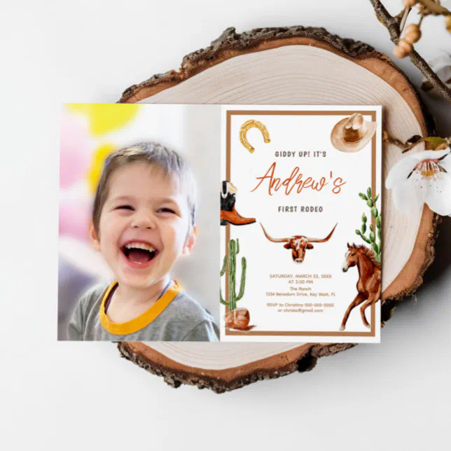 First Rodeo Modern Southern Cowboy Photo Birthday Invitation | Zazzle