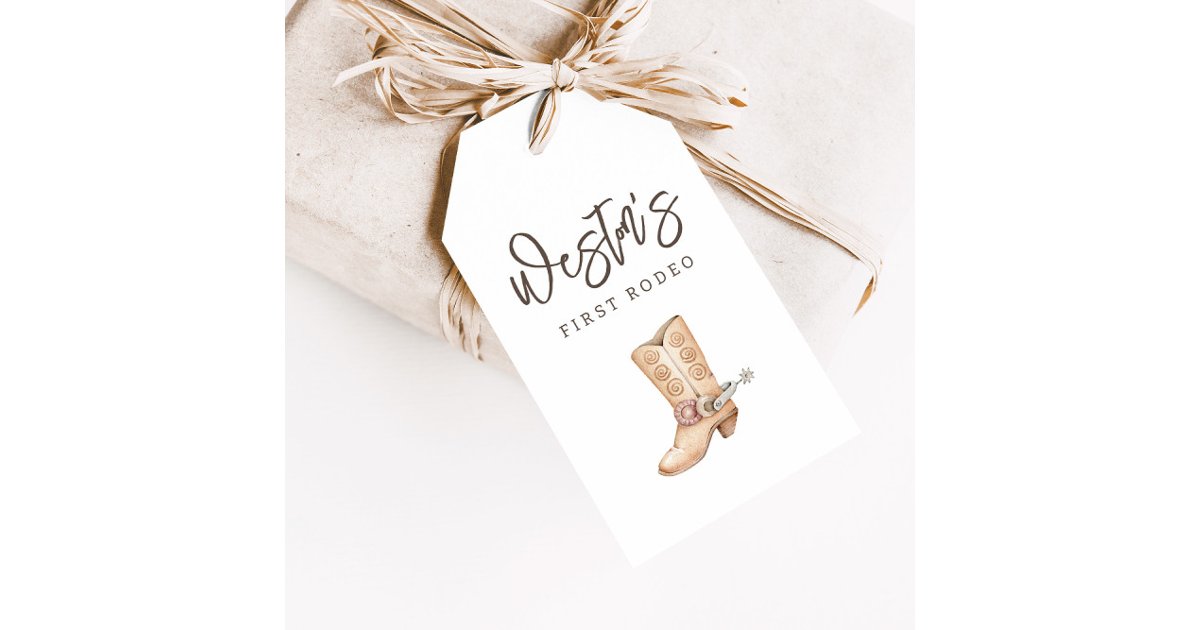 First Rodeo Neutral Cowboy Birthday Favor Gift Tags | Zazzle