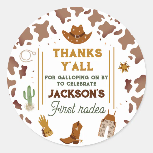 First Rodeo Neutral Southern Cowboy Birthday Classic Round Sticker | Zazzle