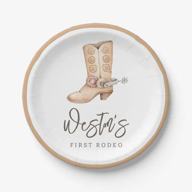 First Rodeo Neutral Southern Cowboy Birthday Paper Plates | Zazzle