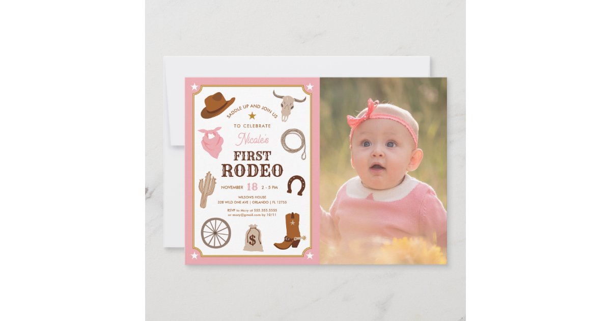 First Rodeo Pink Girl Wild West 1st Birthday Photo Invitation | Zazzle