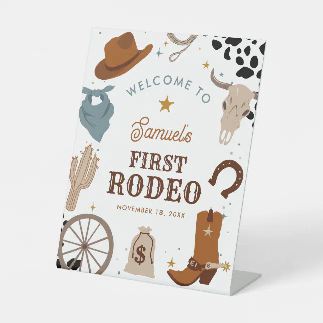 First Rodeo Western Boy First Birthday Welcome Pedestal Sign | Zazzle
