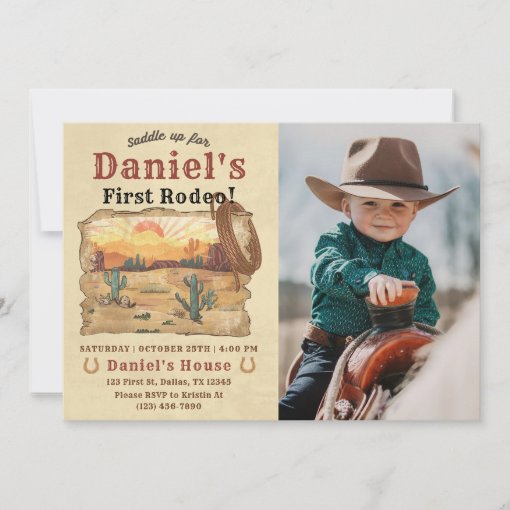 First Rodeo Western Cowboy 1st Birthday Photo Invitation | Zazzle