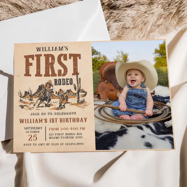 First Rodeo Western Cowboy 1st Birthday Photo Invitation | Zazzle