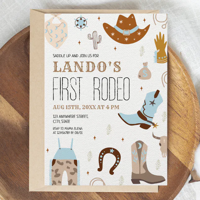First Rodeo Wild West Blue Cowboy 1st Birthday Invitation | Zazzle