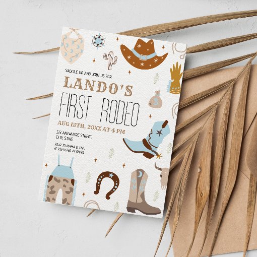 First Rodeo Wild West Blue Cowboy 1st Birthday Invitation | Zazzle