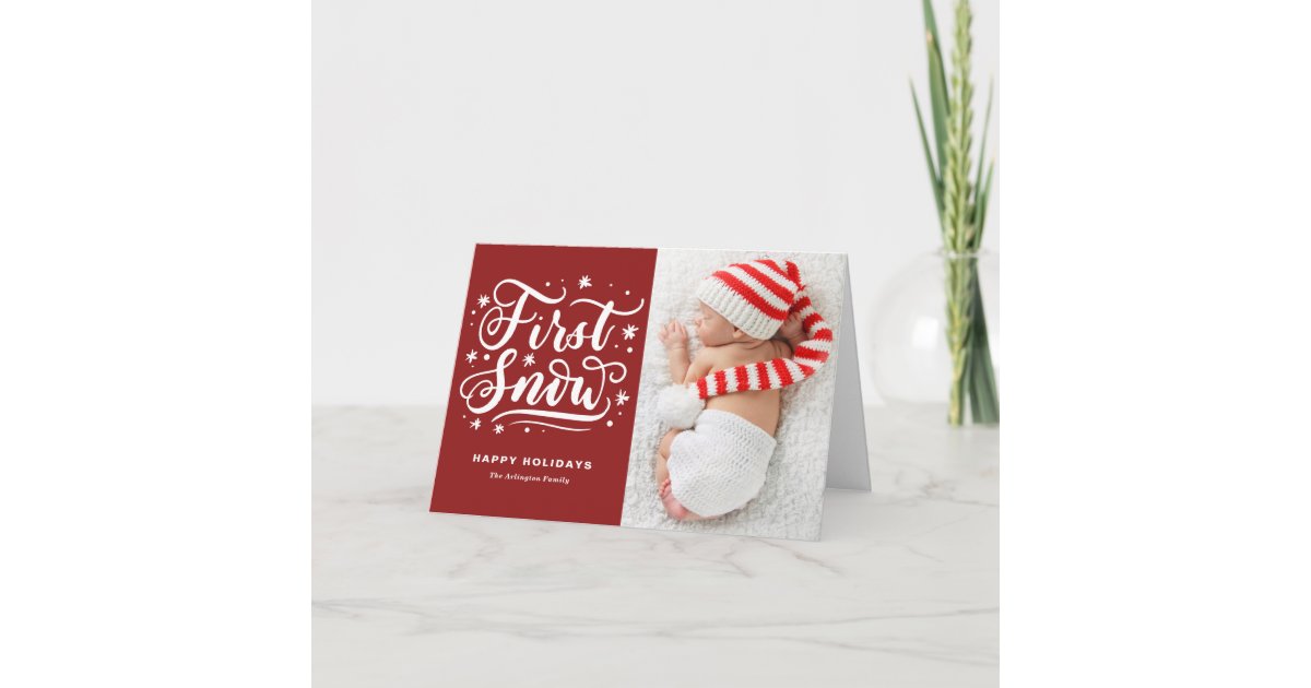 First Snow Hand Lettered Red First Christmas Holiday Card | Zazzle