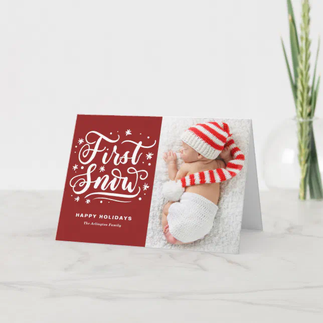 First Snow Hand Lettered Red First Christmas Holiday Card | Zazzle