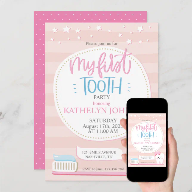 First Tooth Baby girl party invitation | Zazzle
