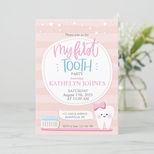 First Tooth Baby girl party invitation | Zazzle