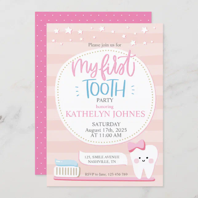 First Tooth Baby girl party invitation | Zazzle