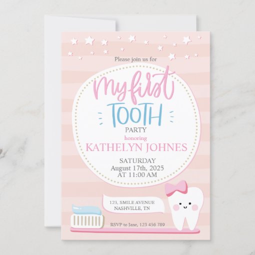 First Tooth Baby girl party invitation | Zazzle