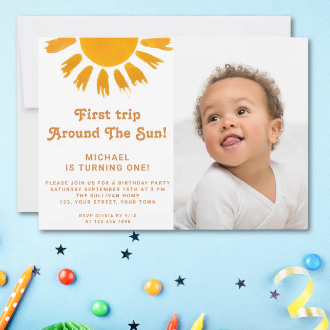 First Trip Around The Sun 1st Birthday Photo Invitation | Zazzle