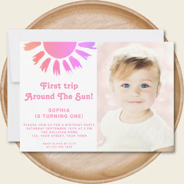 First Trip Around The Sun 1st Birthday Photo Pink Invitation | Zazzle
