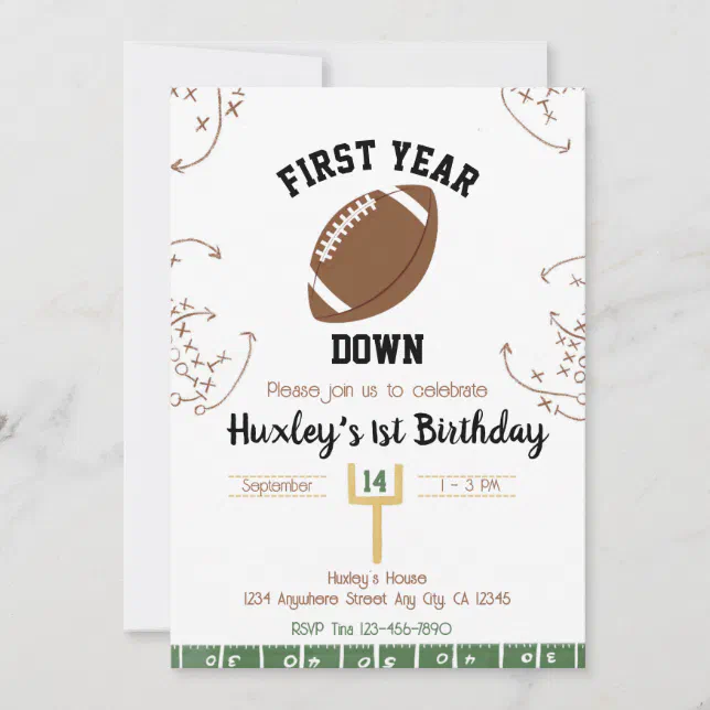 First Year Down 1st Birthday Football Invitation | Zazzle