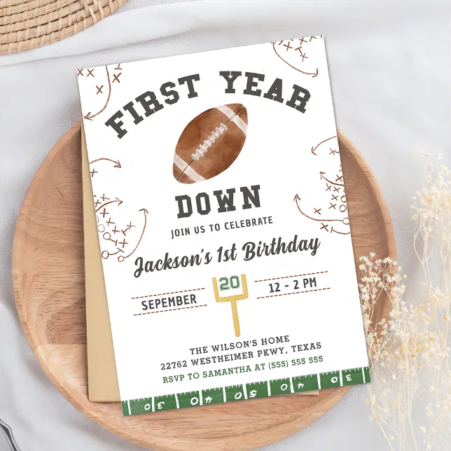 First Year Down Football 1st Birthday Party Invitation | Zazzle