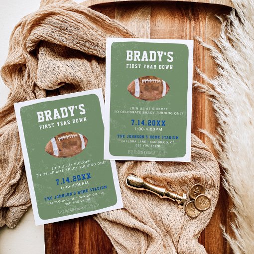 First Year Down Football | 1st Birthday Party Invitation | Zazzle