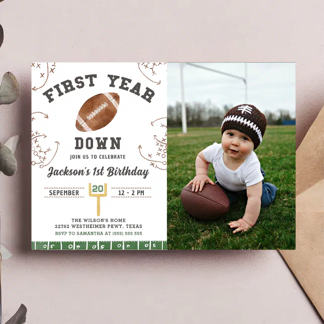 First Year Down Football 1st Birthday Party Photo Invitation | Zazzle