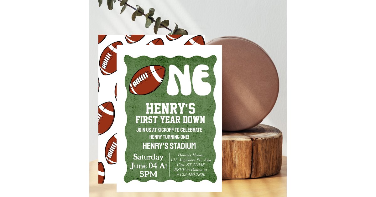 First Year Down Football 1st Birthday Party Wavy Invitation | Zazzle