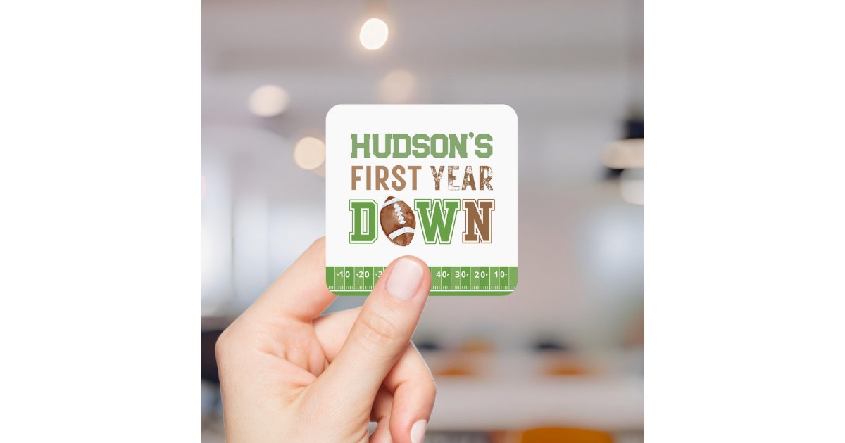 First Year Down Football 1st Birthday Square Sticker | Zazzle