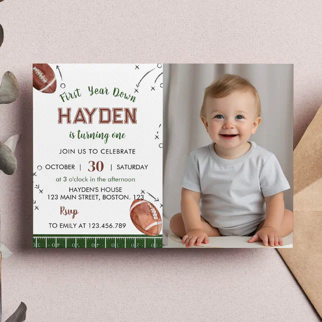 First Year Down Football Birthday Photo Invitation | Zazzle