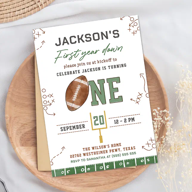 First Year Down Football First Birthday Party Invitation | Zazzle