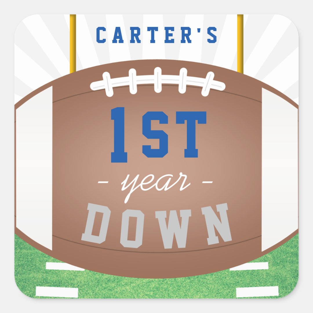 First Year Down Football Theme 1st Birthday Party Square Sticker | Zazzle