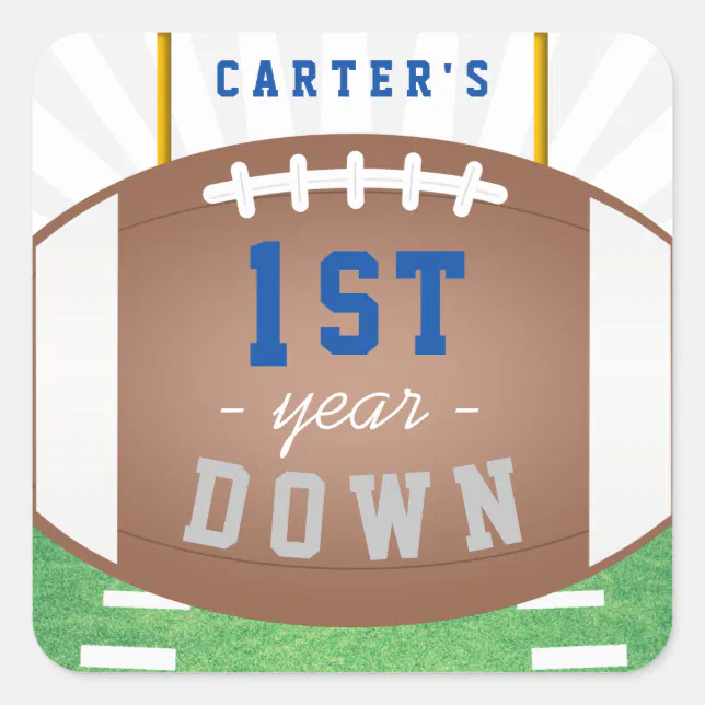 First Year Down Football Theme 1st Birthday Party Square Sticker | Zazzle