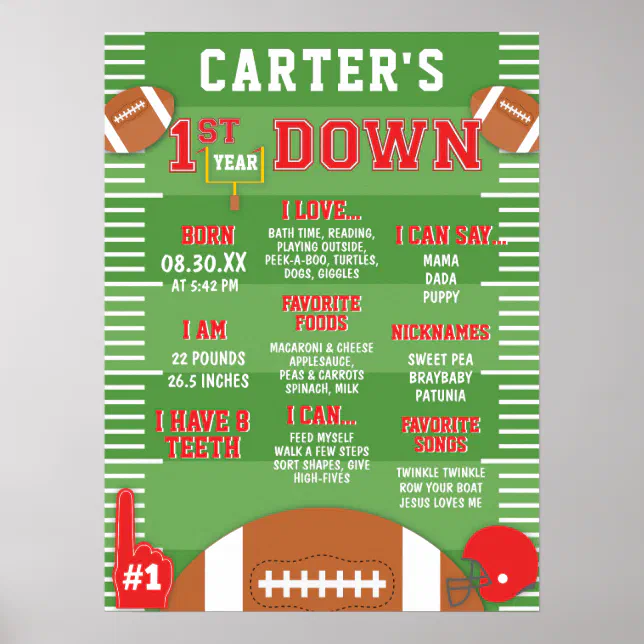 First Year Down Red Football 1st Birthday Foam Poster | Zazzle