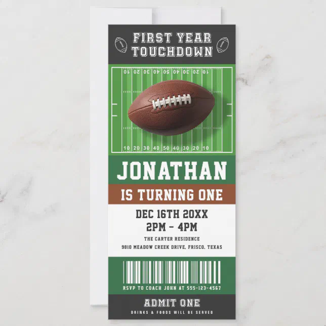 First Year Touchdown Football Ticket 1st Birthday Invitation | Zazzle