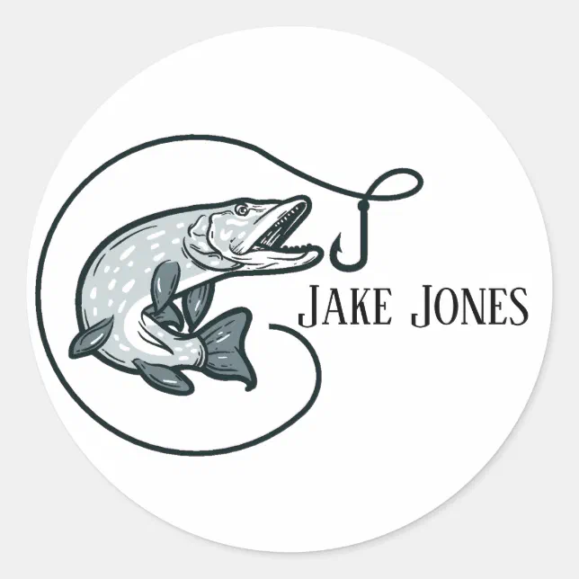 Fish and Hook Personalized Classic Round Sticker | Zazzle