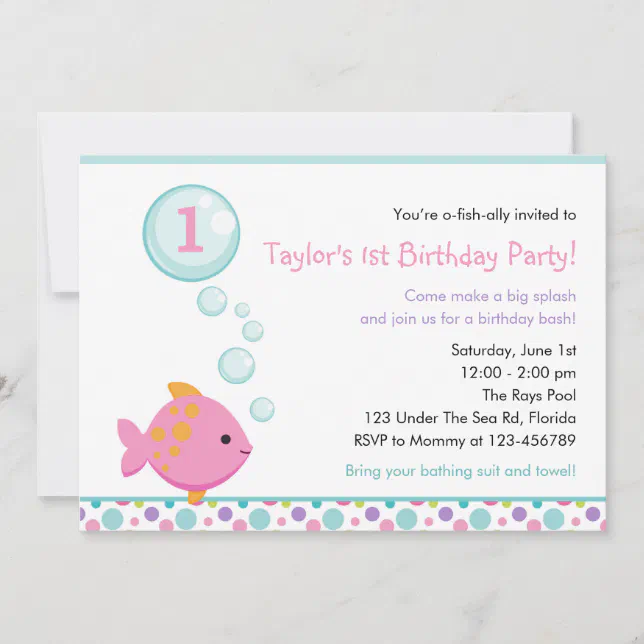 Fish Birthday Invitations (Girls) with Bubbles | Zazzle