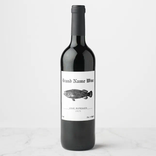 Fish Black & White Minimalist Black Grouper Wine Label | Zazzle
