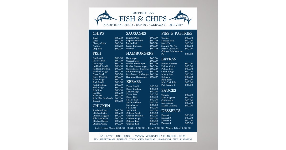 Fish & Chip Shop Restaurant Menu Poster | Zazzle