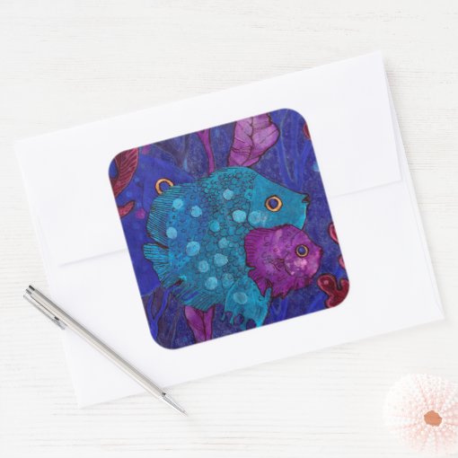 Fish Family, Underwater, Blue & Purple Square Sticker | Zazzle