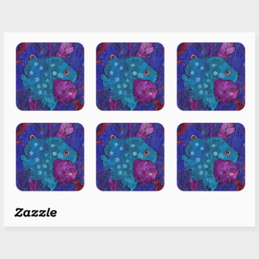 Fish Family, Underwater, Blue & Purple Square Sticker | Zazzle