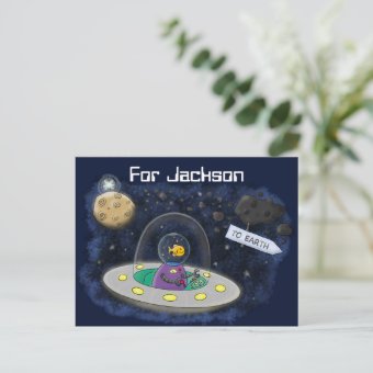 Fish in alien space ship cartoon illustration postcard | Zazzle