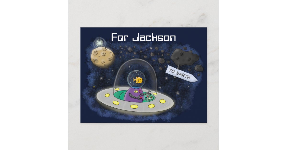 Fish in alien space ship cartoon illustration postcard | Zazzle