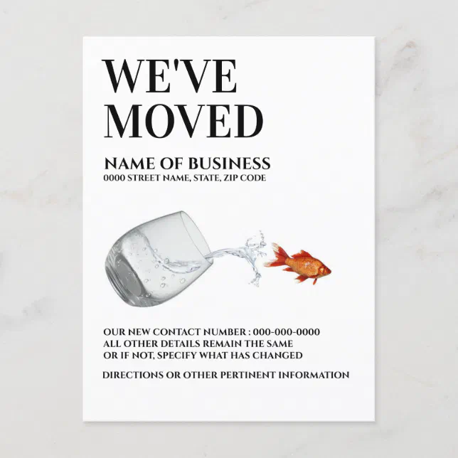 Fish out of glass of water moved business home announcement postcard ...