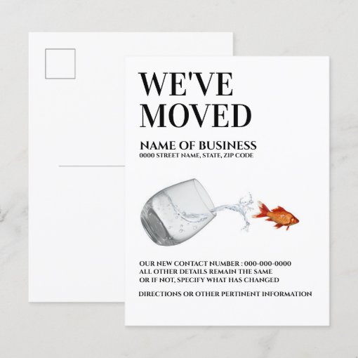 Fish out of glass of water moved business home announcement postcard ...