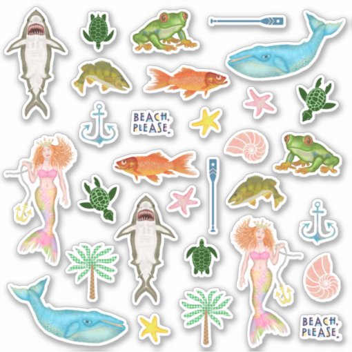 Fish Whales Mermaids Beach Ocean Nautical Sticker | Zazzle