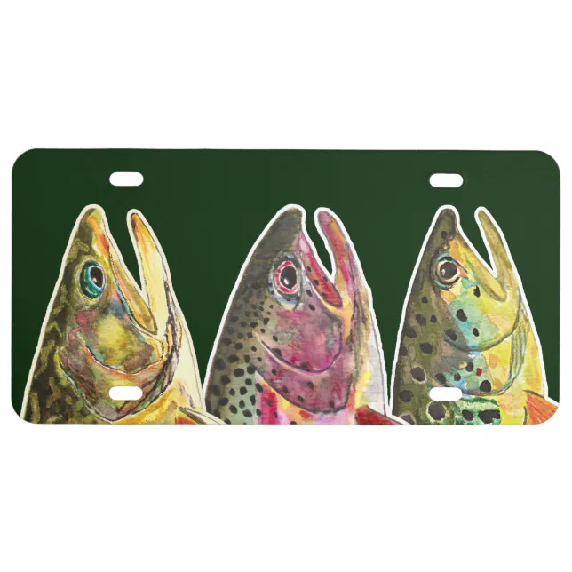 Fisherman Fly Fishing for Three Fat Trout License Plate | Zazzle
