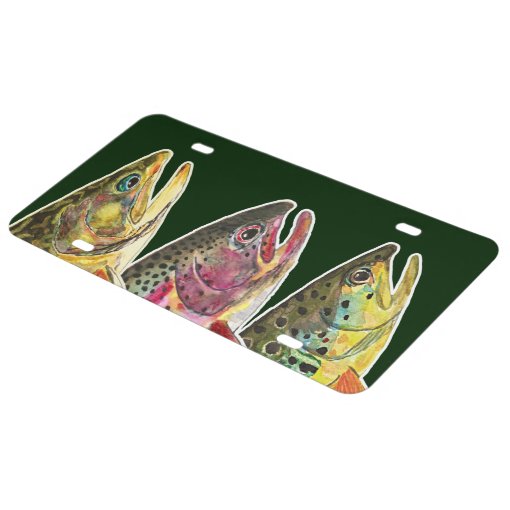 Fisherman Fly Fishing for Three Fat Trout License Plate | Zazzle