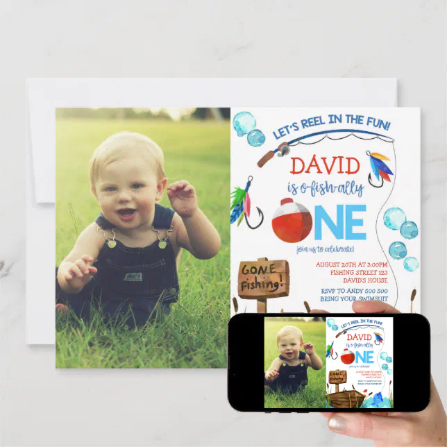 Fishing 1st Birthday Boy O-fish-ally Photo Picture Invitation | Zazzle