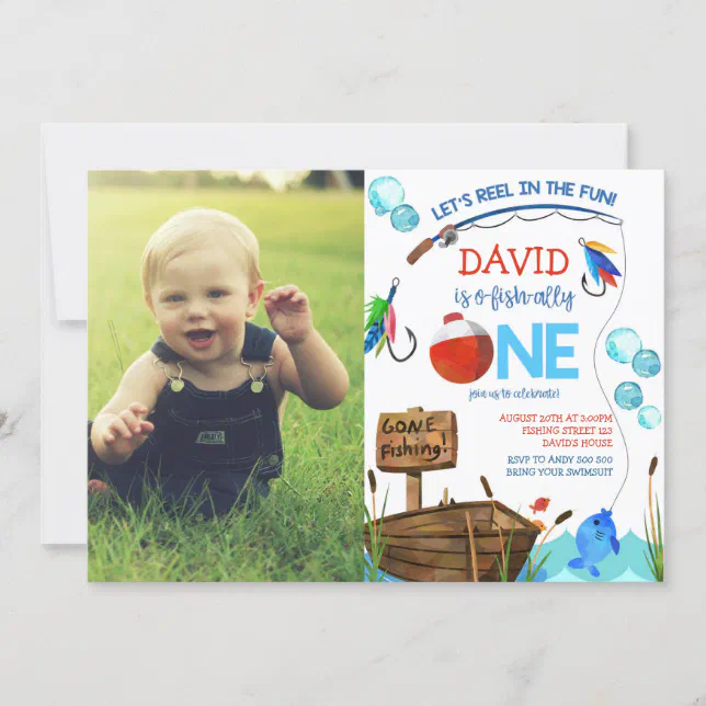 Fishing 1st Birthday Boy O-fish-ally Photo Picture Invitation | Zazzle