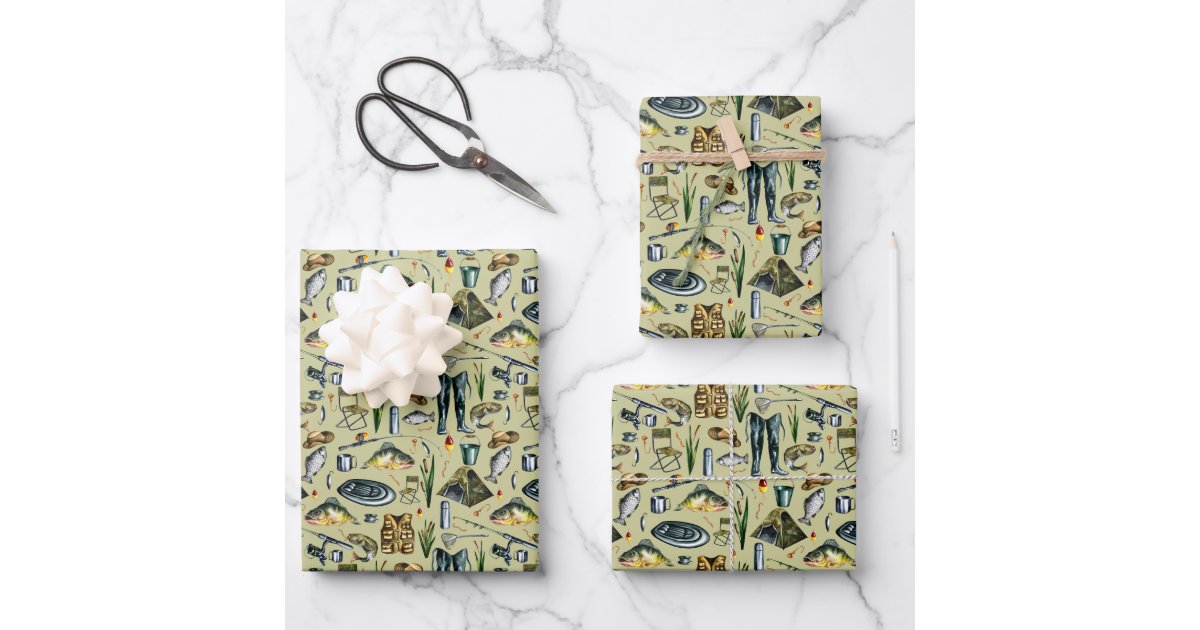 Fishing Equipment Fish Raft Tent Waders Pattern Wrapping Paper Sheets ...