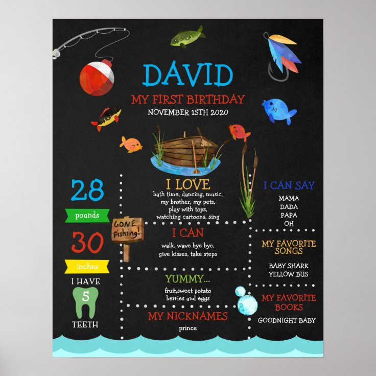 Fishing First Birthday Chalkboard Milestone Boy Poster | Zazzle